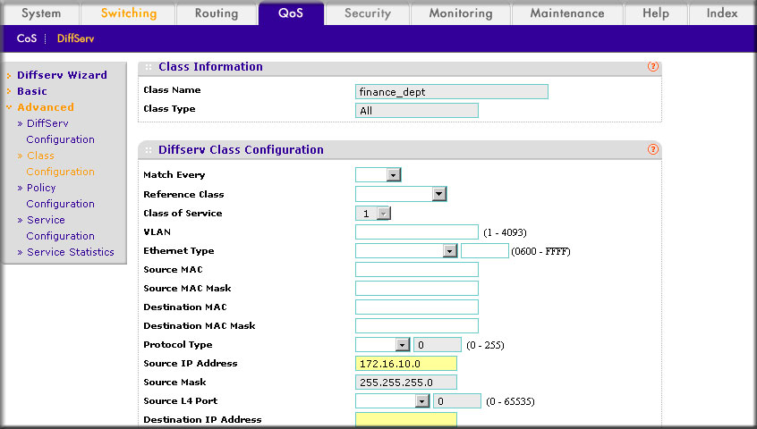 How do I configure differentiated services (DiffServ) using the web interface on my managed ...